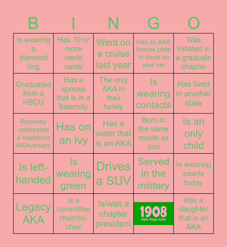 Alpha Kappa Alpha Bingo Card