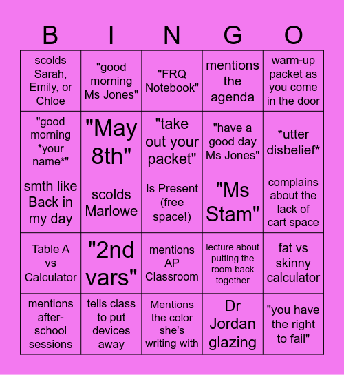 Ms Jones Bringo Bingo Card