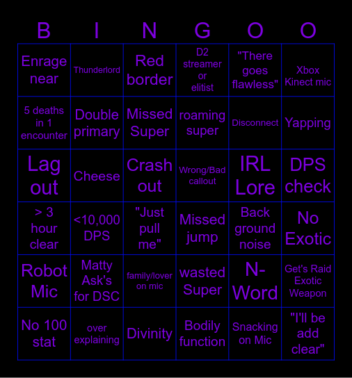 Destiny Raid Bingo Card