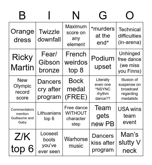 ICE DANCE Bingo Card