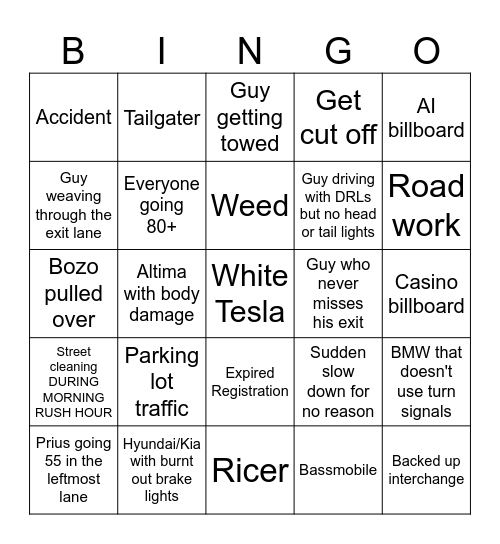 Bay Area Freeway Bingo Card