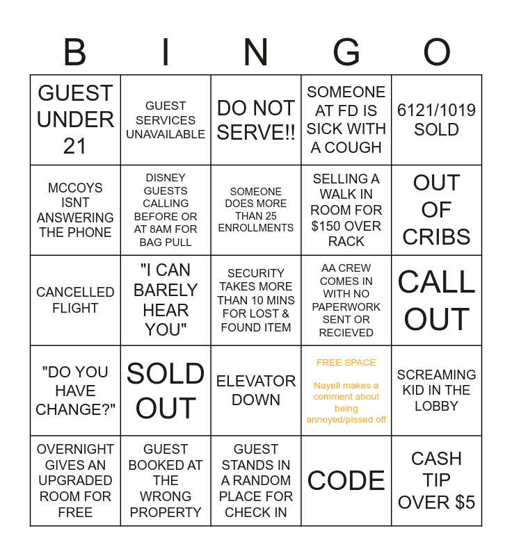 FRONT DESK ANTICS Bingo Card