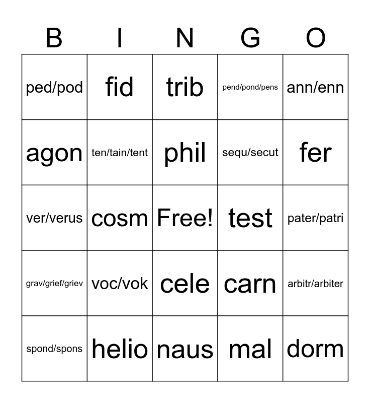 Root Word Bingo Card