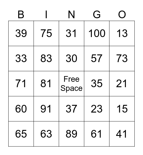 numbers 1-100 Bingo Card