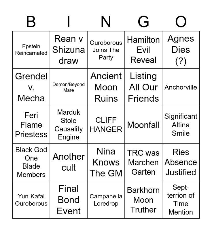 Trails Beyond the Horizon Bingo (with some ideas stolen) Bingo Card