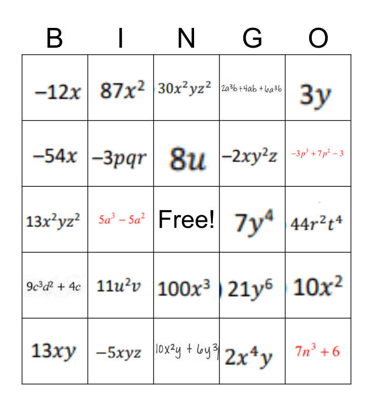 Simplifying Expressions Bingo Card