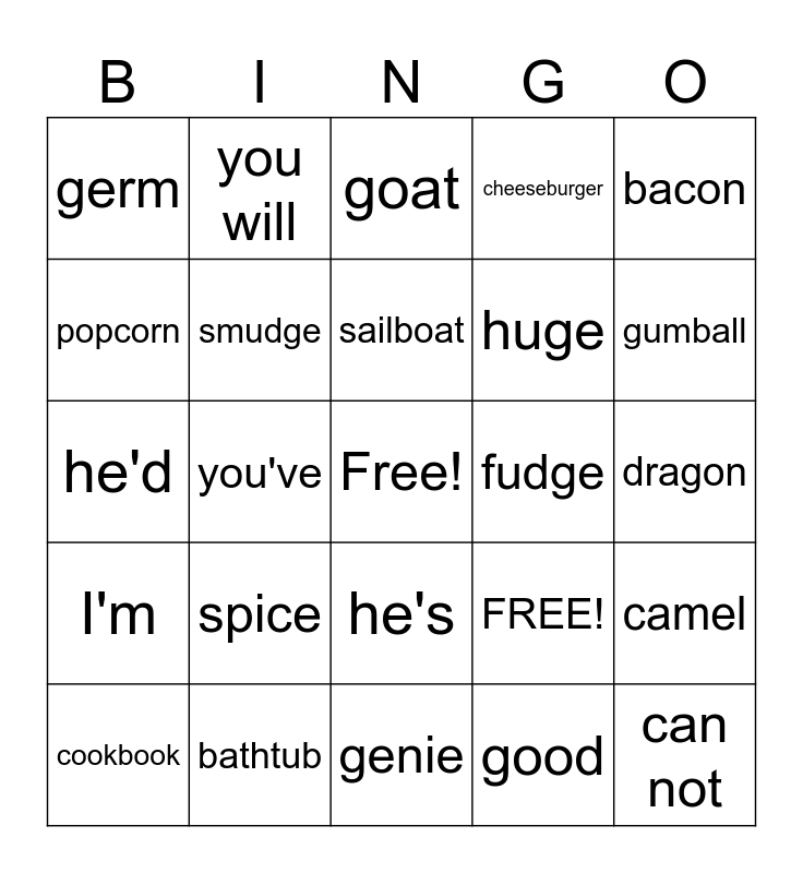 Phonics Patterns Bingo Card