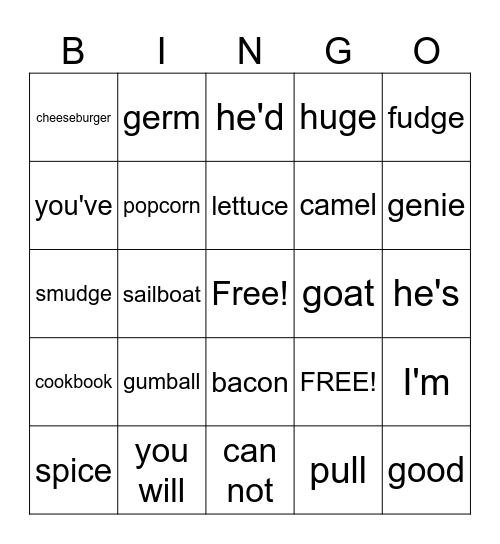 Word Study Patterns Bingo Card