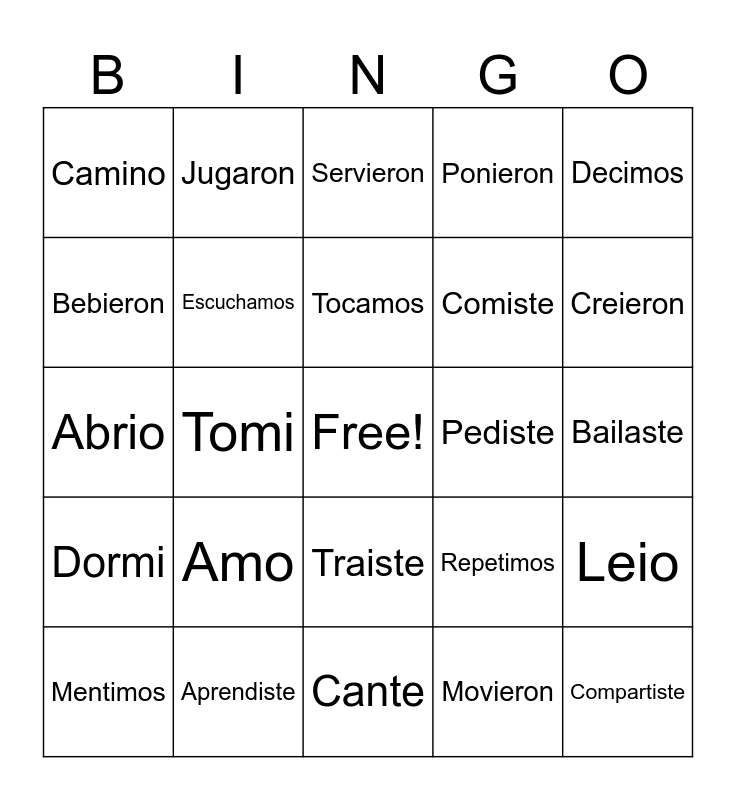 Past tense Bingo Card