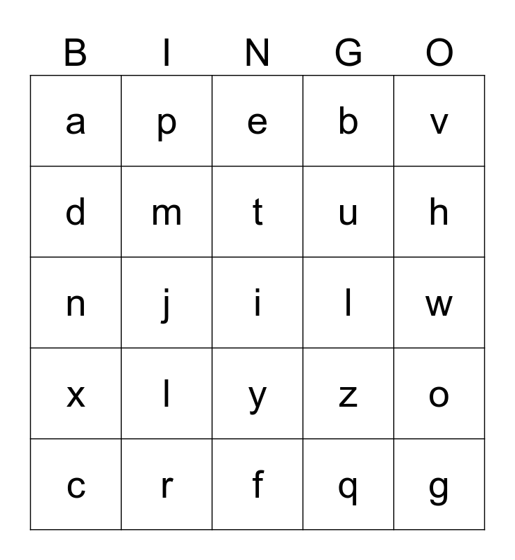 Lowercase Letters Bingo Card