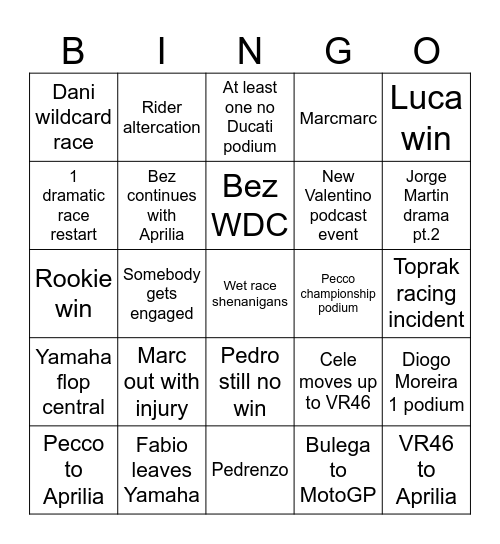 MotoGP Bingo Card