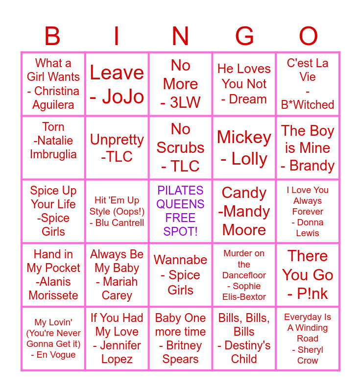Pilates & Prosecco -- Girl Power Anthems Bingo Card
