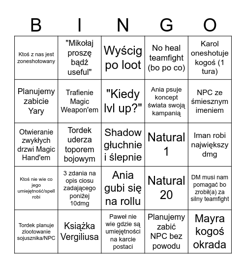 Cleric Bingo Card