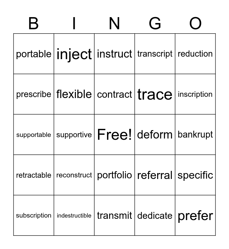 Latin Root Words Bingo Card