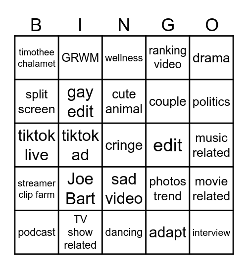 tiktok bingo Card