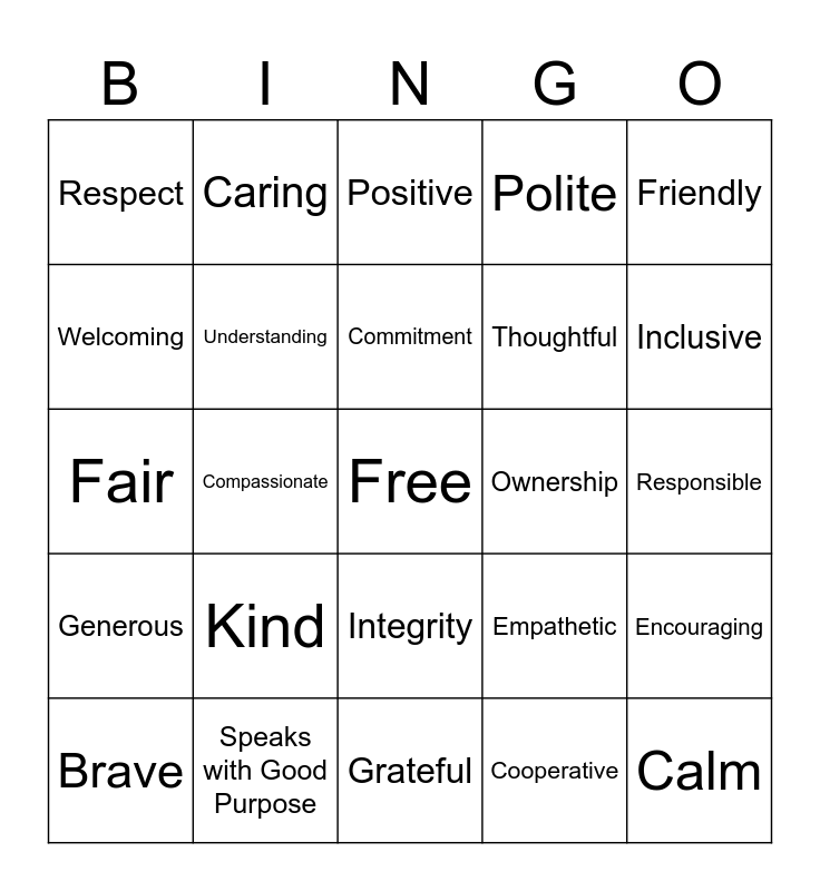 Kind Words Bingo Card