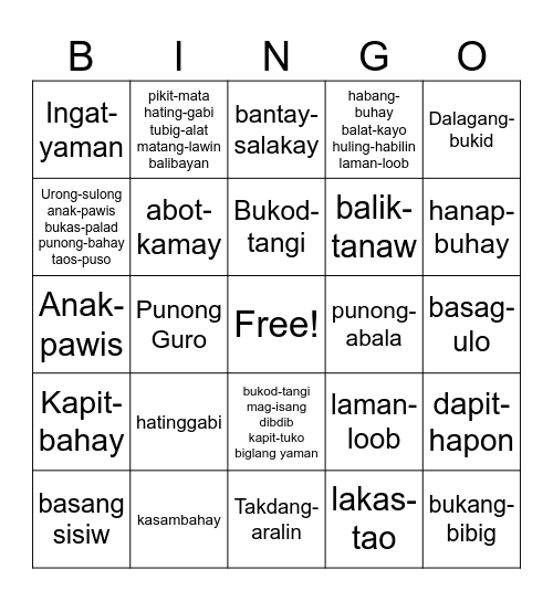 TAMBALANG SALITA Bingo Card