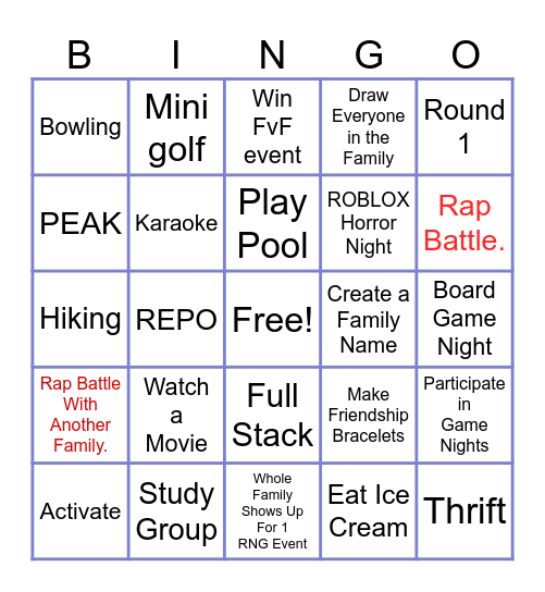 RNG Family System Bingo Card