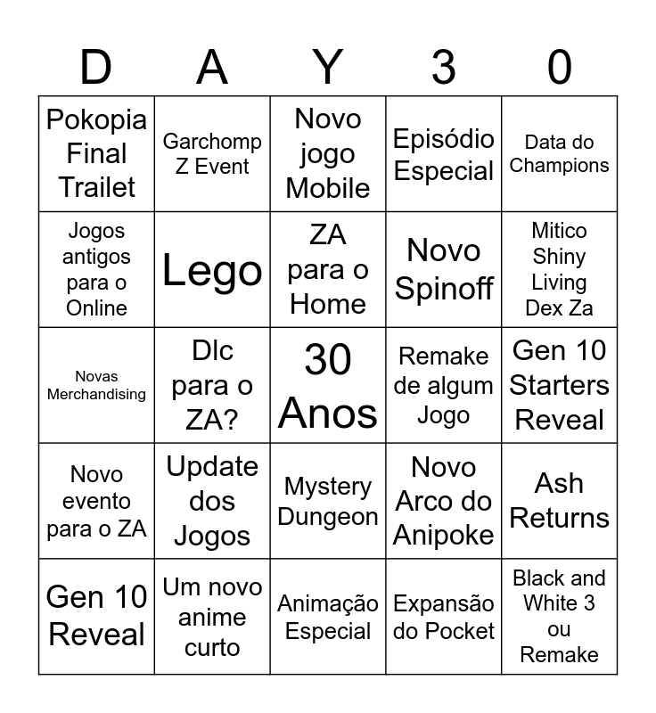 Pokémon Day 30 Bingo Card