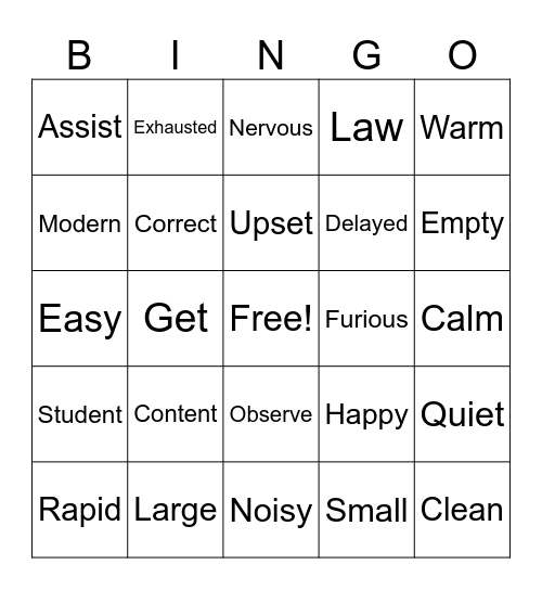 Synonym Bingo Card