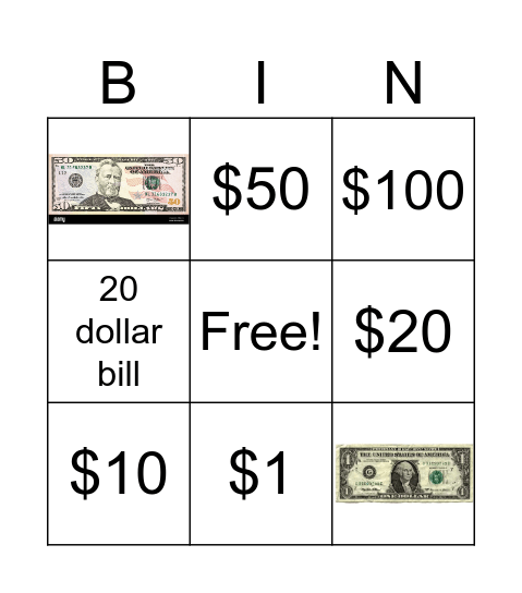 Money Bingo (Bills) Bingo Card