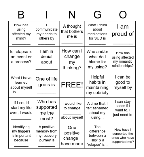 Substance Abuse Recovery BINGO Card