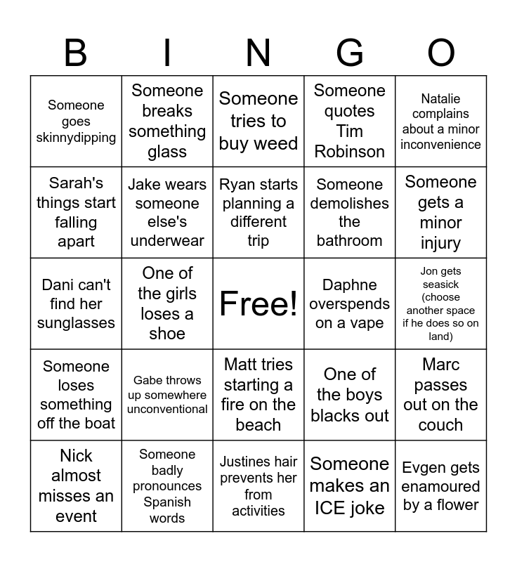 Roatan Bingo Card
