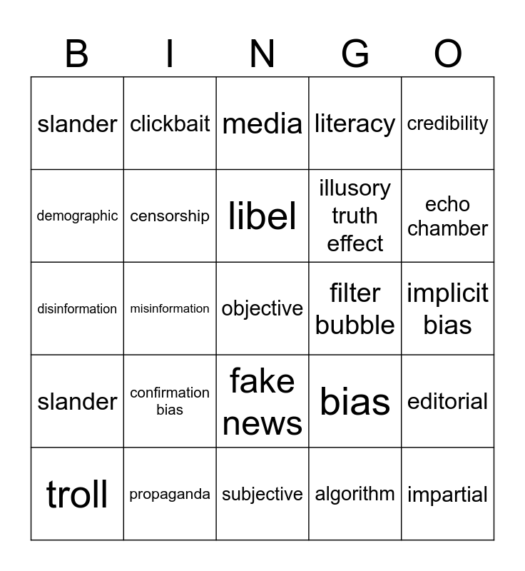Media Literacy Bingo Card