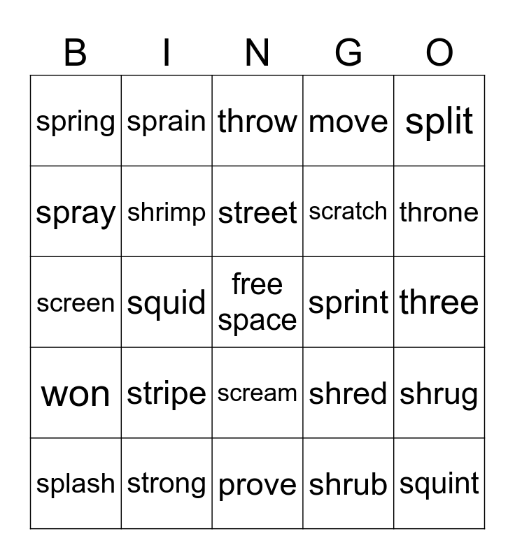 Three Letter Blend Bingo Card