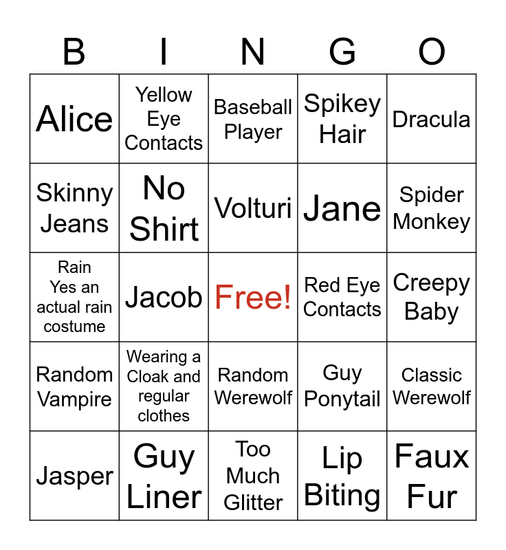 Twilight Costumes Bingo Card