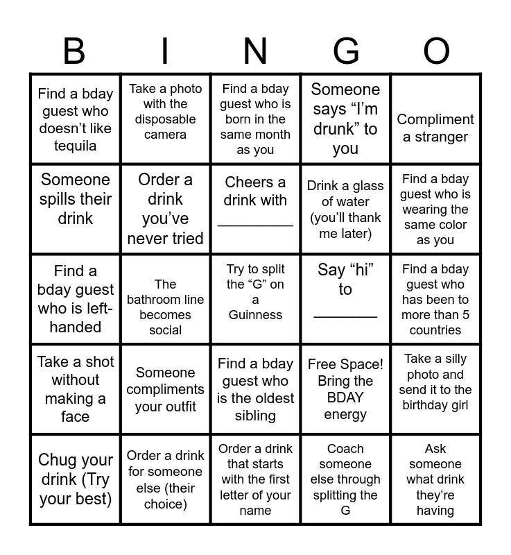 Kiera's Birthday Bingo Card