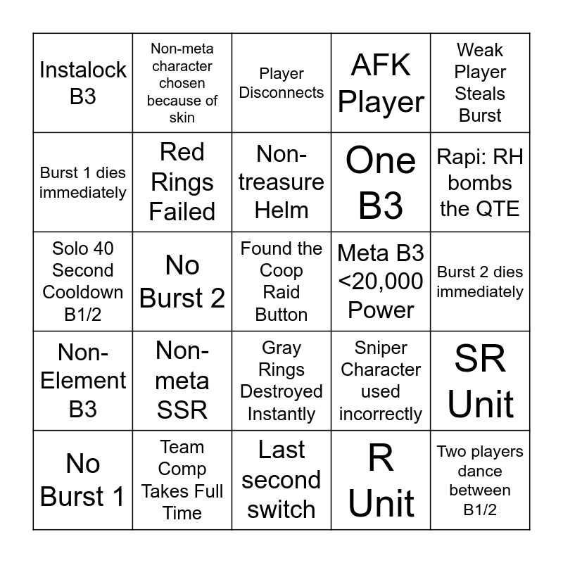 Coop Raid Bingo Card