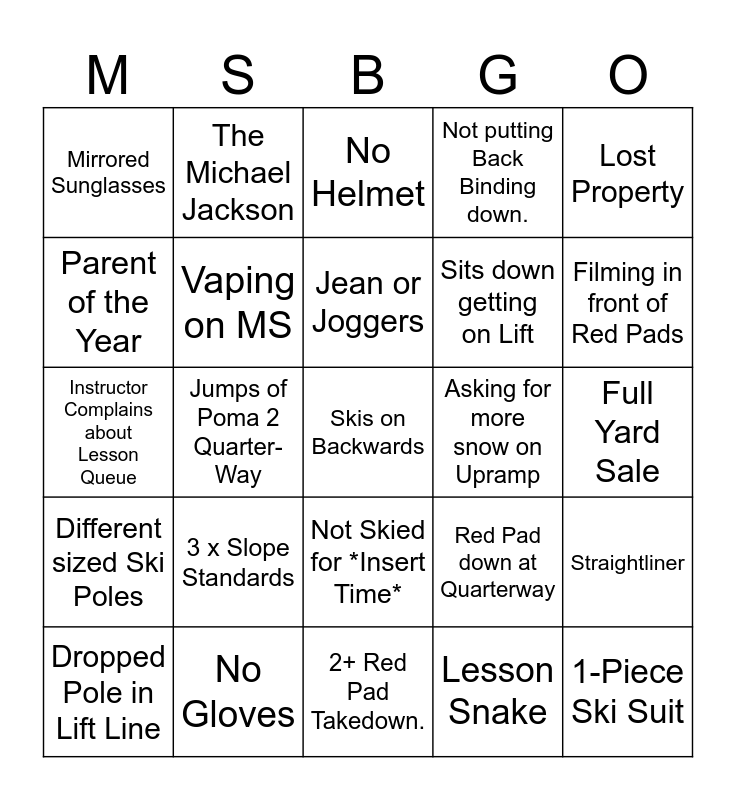 Main Slope Bingo Card