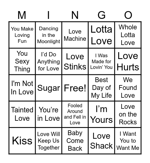 Cupid's Jukebox 2 Bingo Card
