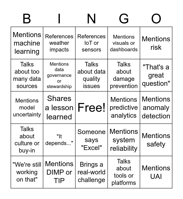 UAI Natural Gas Analytics Community Bingo Card