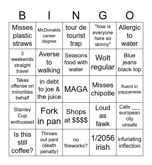 American Bingo Card