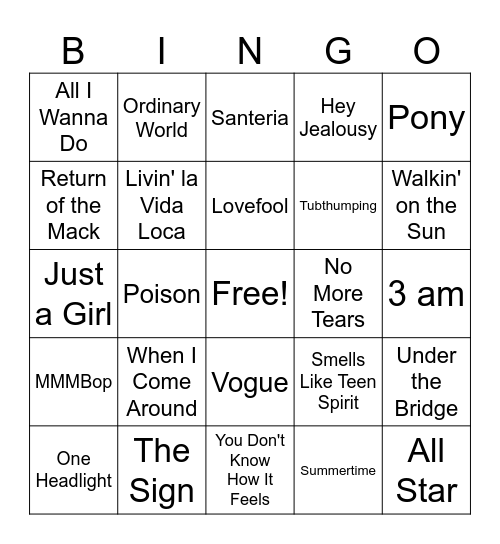 90s. Bingo Card
