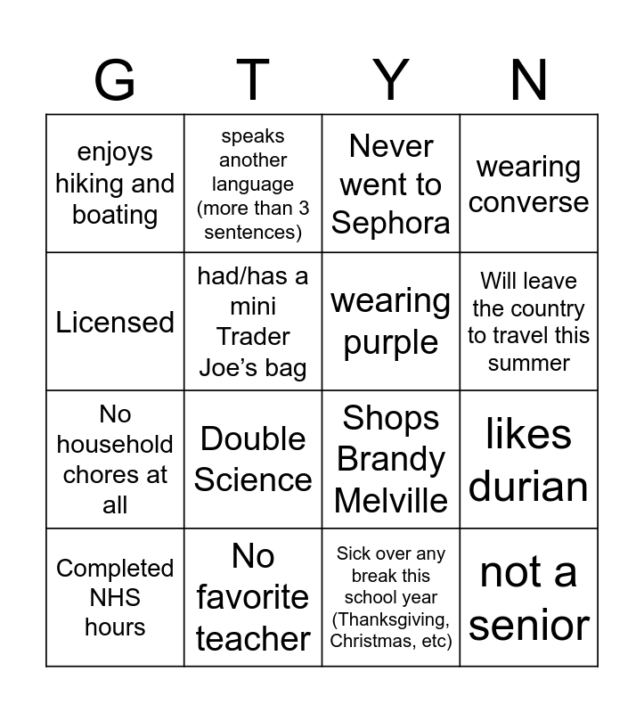 Get to Know You Bingo Card