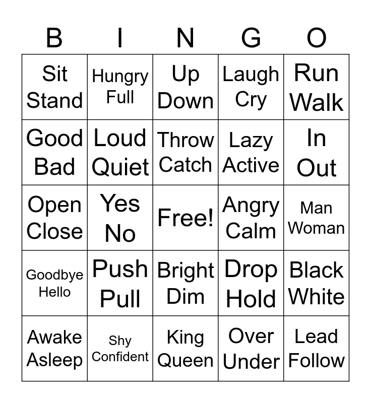 Opposites Words Bingo Card