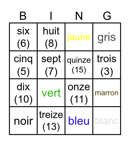 Les nombres et les couleurs Bingo Card