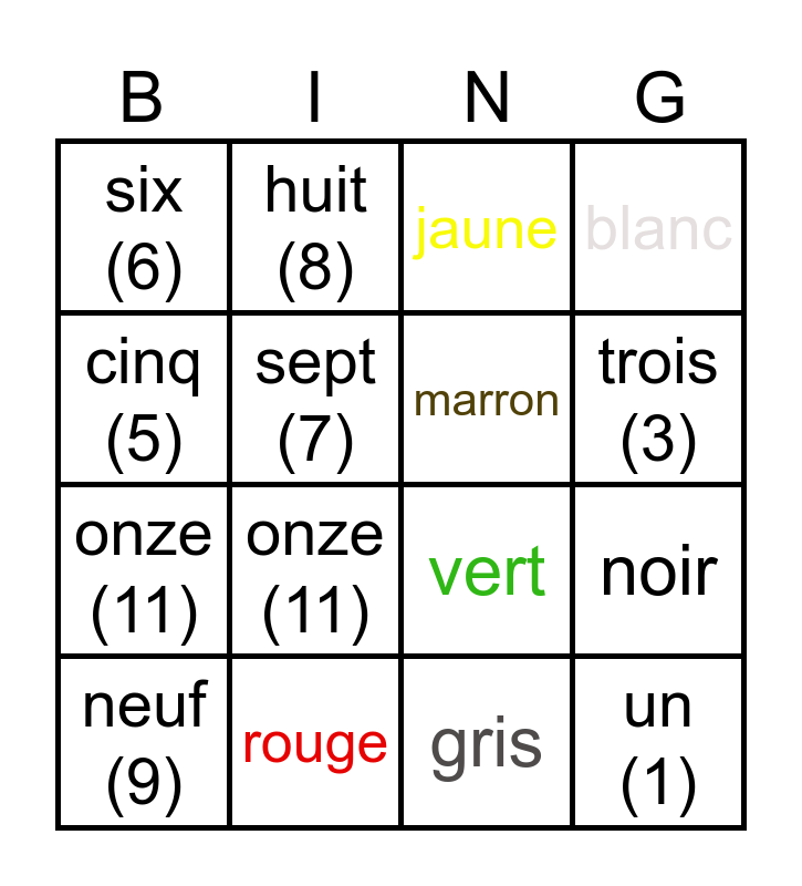 Les nombres et les couleurs Bingo Card