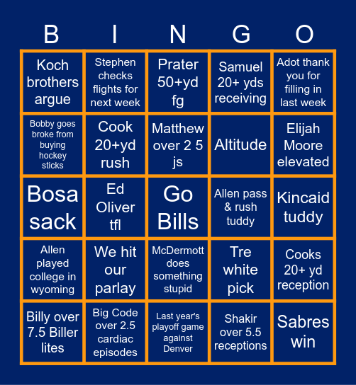 Bills vs Broncos Bingo Card