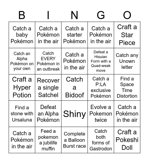 Legends Arceus Lockout Bingo Card