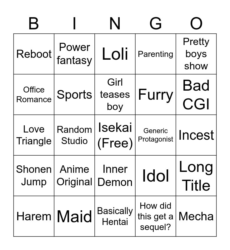 Seasonal Anime Bingo Card