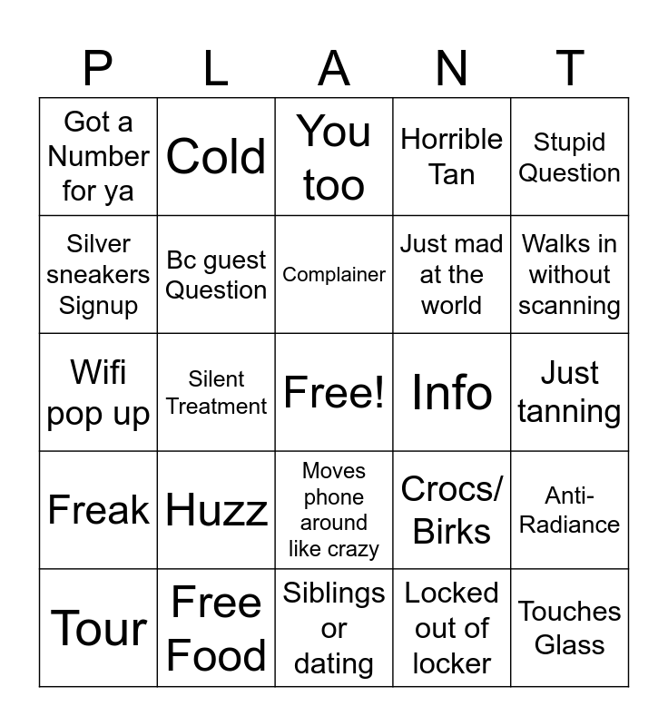 Planet Fitness Bingo Card