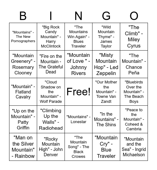 Mountain Songs Bingo Card