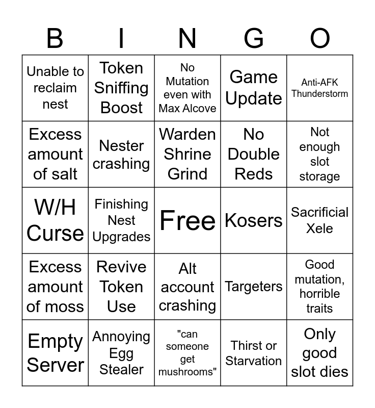 Nesting Session Bingo Card