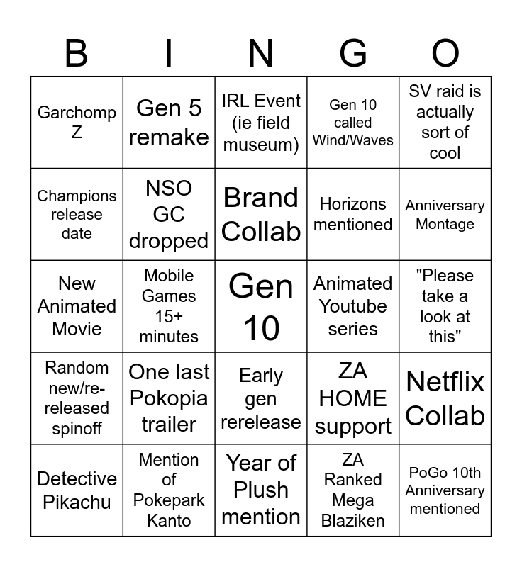 Pokemon Presents 2026 Bingo Card