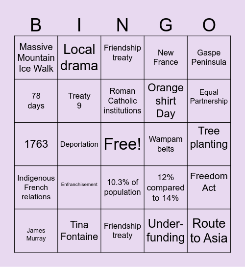 Time walk Bingo Card