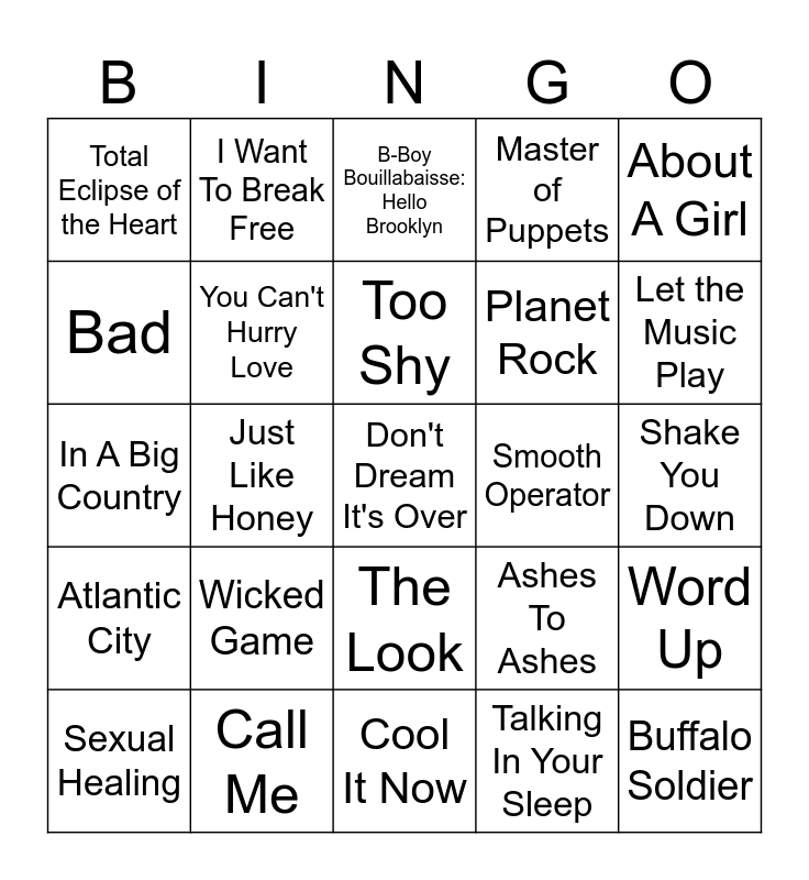 All About the 80's Bingo Card
